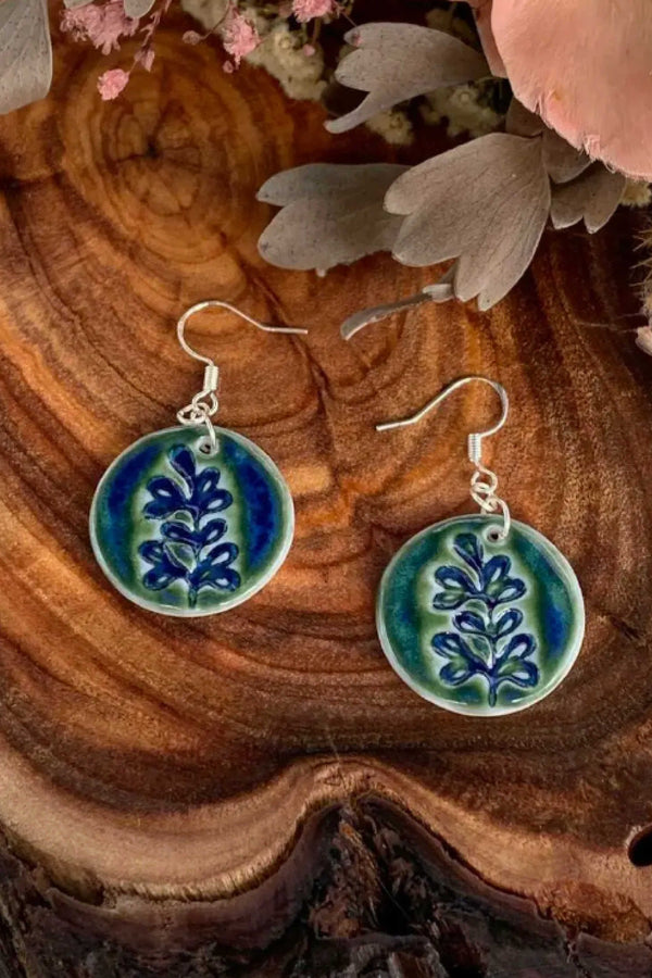 Wolf Clay Porcelain Earrings in Blue Surf Design