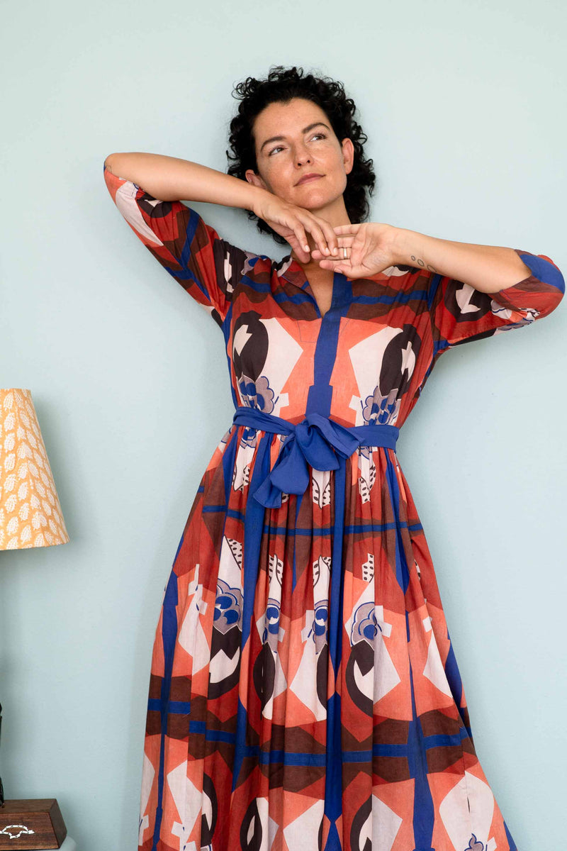 Composition Print Michaela Dress with Belt and Pockets